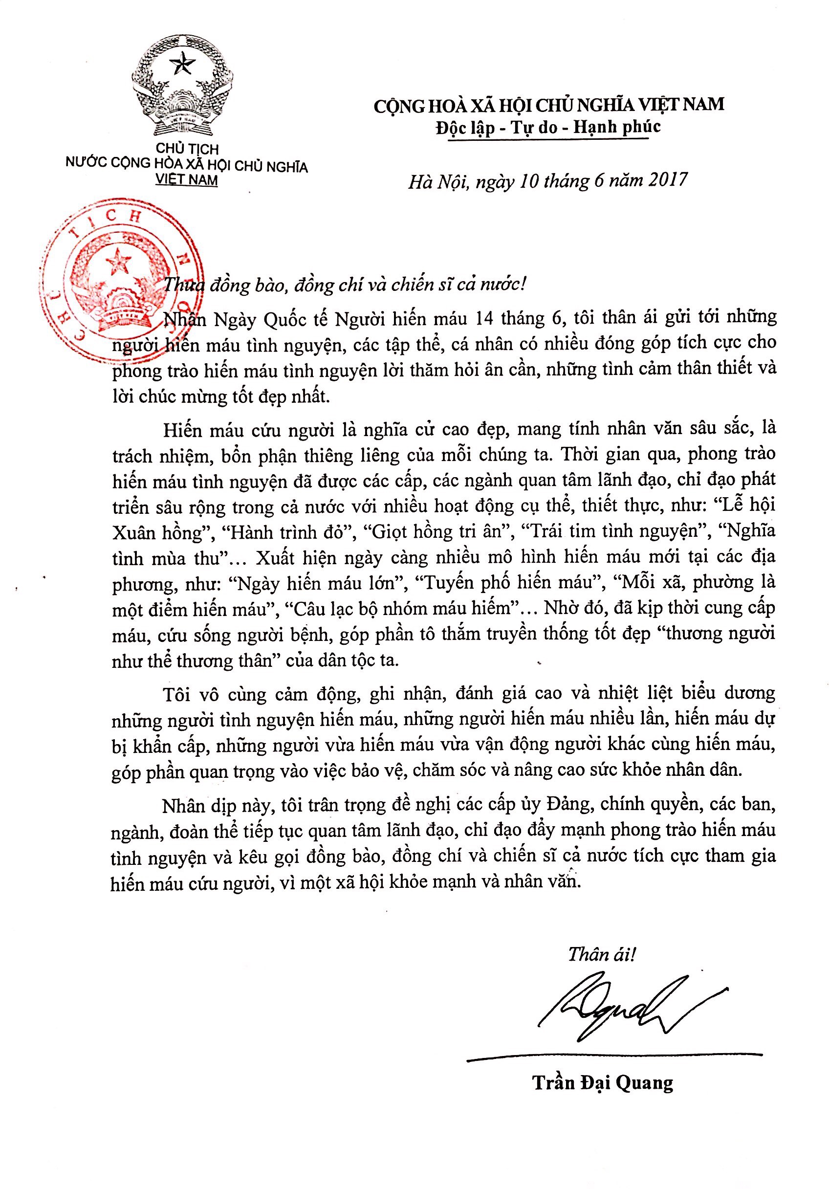 Chủ tịch nước Trần Đại Quang gửi Thư khen các tập thể, cá nhân tích cực ...